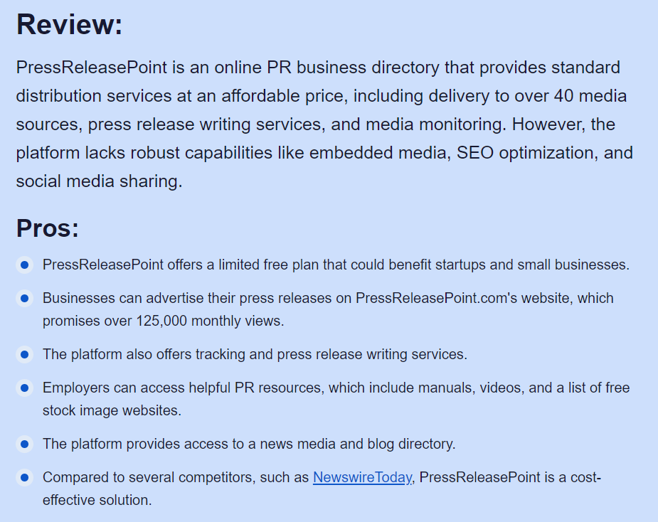 Press Release Point Features, Distribution, Pricing & Alternatives